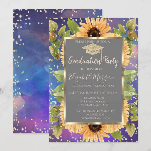 Diamonds Sunflowers Paint Splash Graduation Invitation | Zazzle