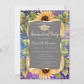Diamonds Sunflowers Paint Splash Graduation Invitation | Zazzle