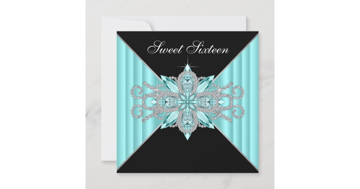 Diamonds Turquoise Blue and Black Birthday Invitation | Zazzle