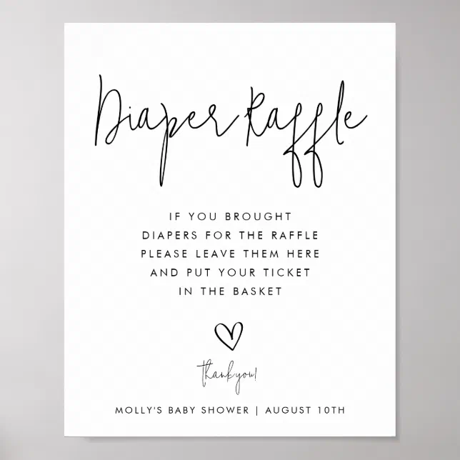 Diaper Raffle Black & White Minimalist Script Poster | Zazzle