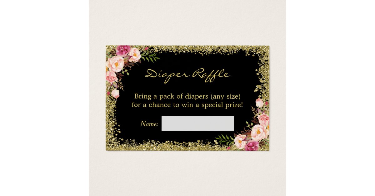 Diaper Raffle Card Black Gold Glitter Pink Floral | Zazzle