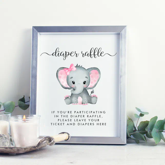 Diaper Raffle Drop Off Elephant Girl Baby Shower Poster | Zazzle