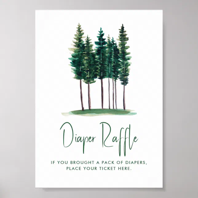 Diaper Raffle Green Rustic Pine Trees Baby Shower Poster | Zazzle