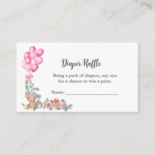 Diaper Raffle Oh Baby Girl Pink Balloon Eucalyptus Enclosure Card | Zazzle