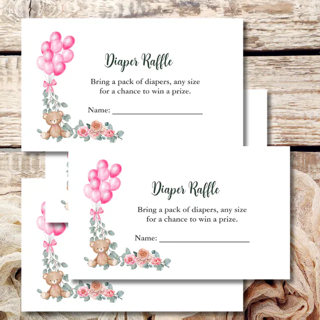 Diaper Raffle Oh Baby Girl Pink Balloon Eucalyptus Enclosure Card | Zazzle