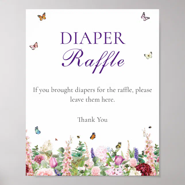 Diaper Raffle | Pink Purple Flowers & Butterflies Poster | Zazzle