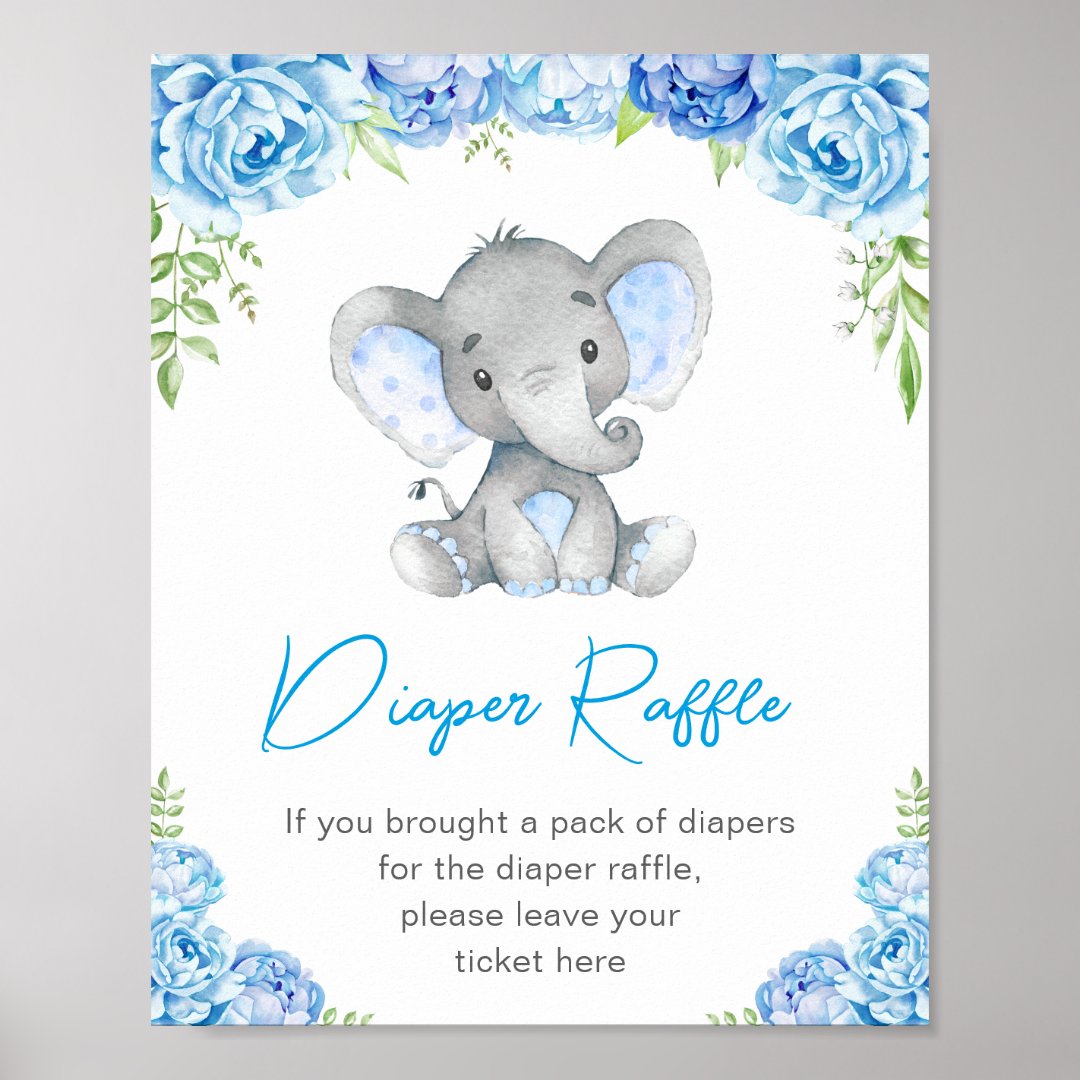Diaper Raffle Sign Blue Elephant Baby Boy Shower | Zazzle