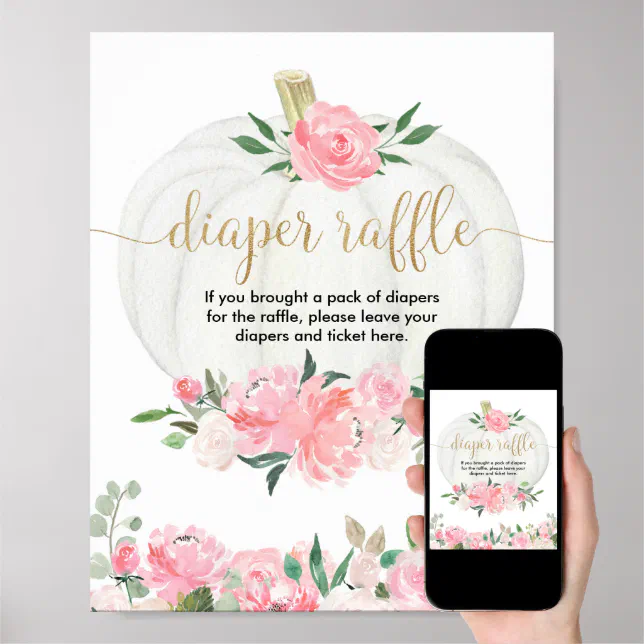 Diaper raffle sign fall floral pumpkin pink gold | Zazzle