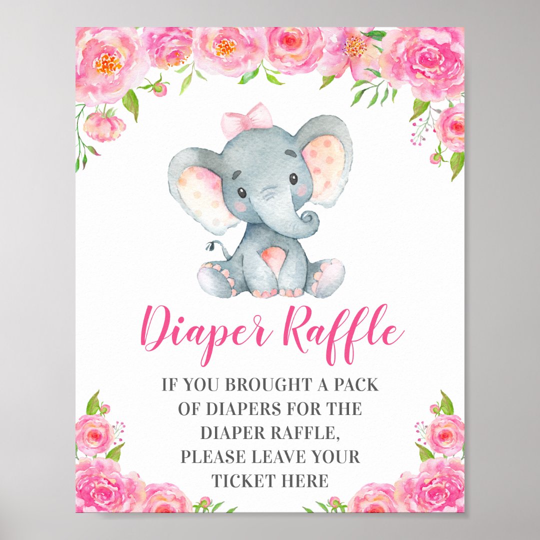 Diaper Raffle Sign Pink Elephant Baby Girl Shower | Zazzle