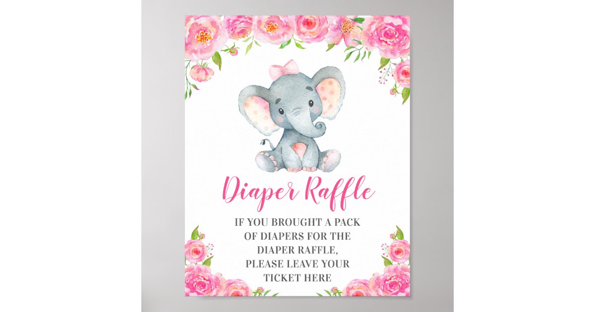 Diaper Raffle Sign Pink Elephant Baby Girl Shower | Zazzle