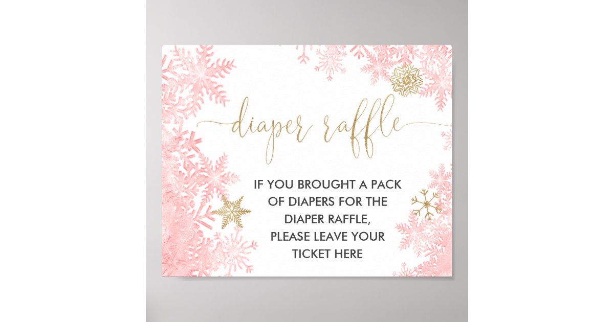 Diaper raffle sign pink gold snowflakes winter | Zazzle