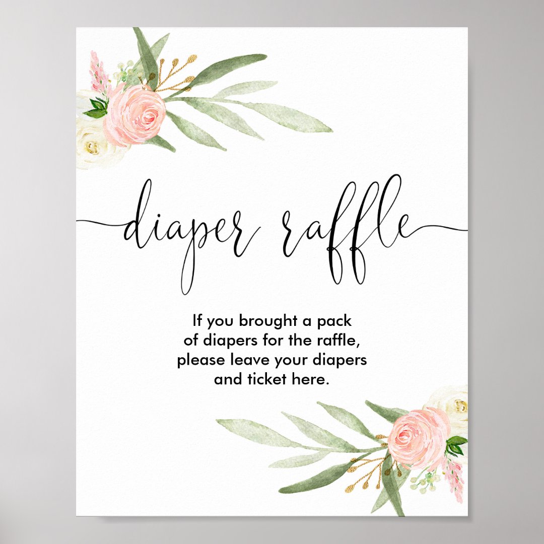 Diaper raffle sign pink greenery gold elegant | Zazzle