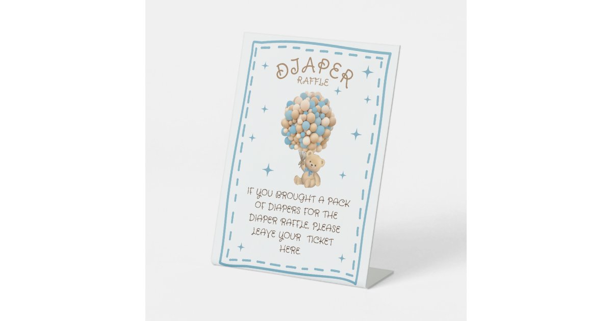 Diaper Raffle Teddy Bear Baby Boy Shower Game Pedestal Sign | Zazzle