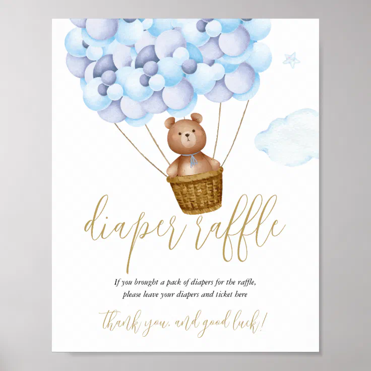 Diaper Raffle Teddy Bear Blue Baby Shower Sign | Zazzle