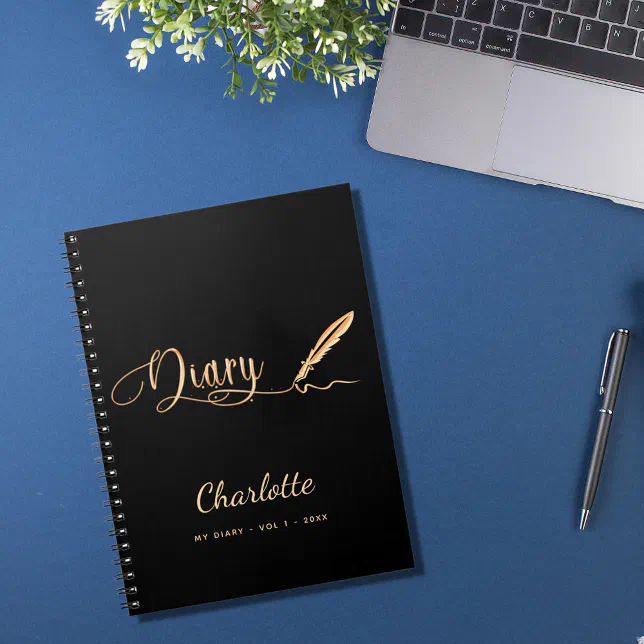 Diary black gold elegant script name notebook | Zazzle