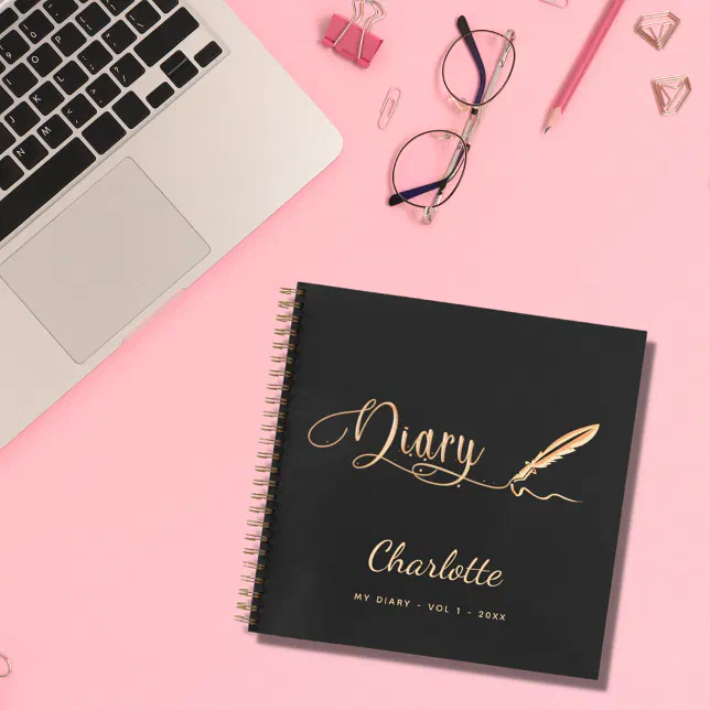Diary black gold elegant script name notebook | Zazzle