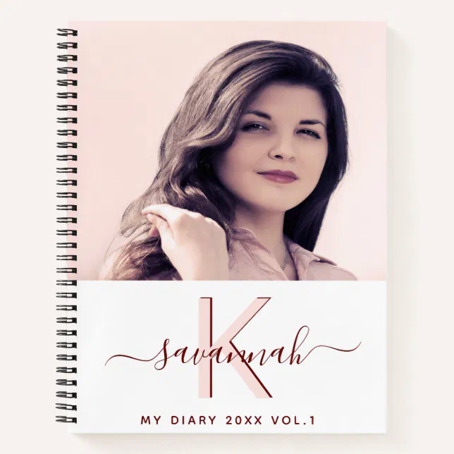 Diary custom photo rose gold white monogram notebook | Zazzle