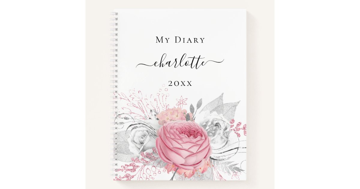 Diary pink floral silver foliage white name notebook | Zazzle