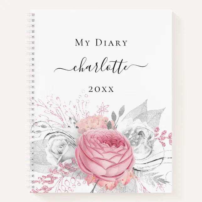 Diary pink floral silver foliage white name notebook | Zazzle
