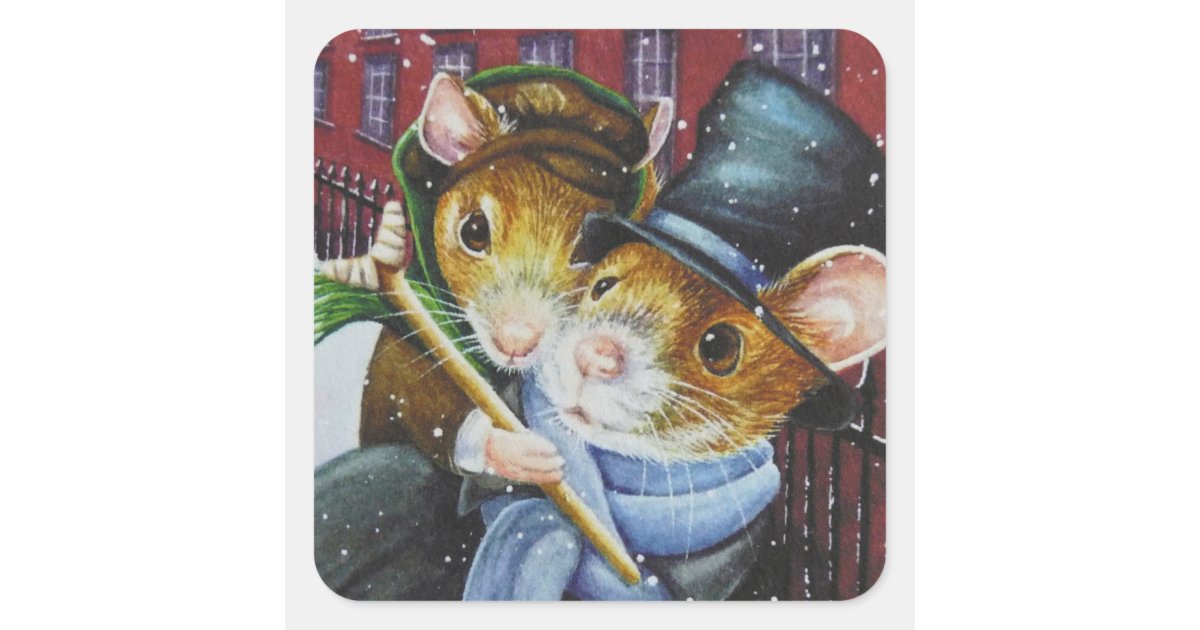 Dickens Christmas Carol Mice Watercolor Art Square Sticker | Zazzle