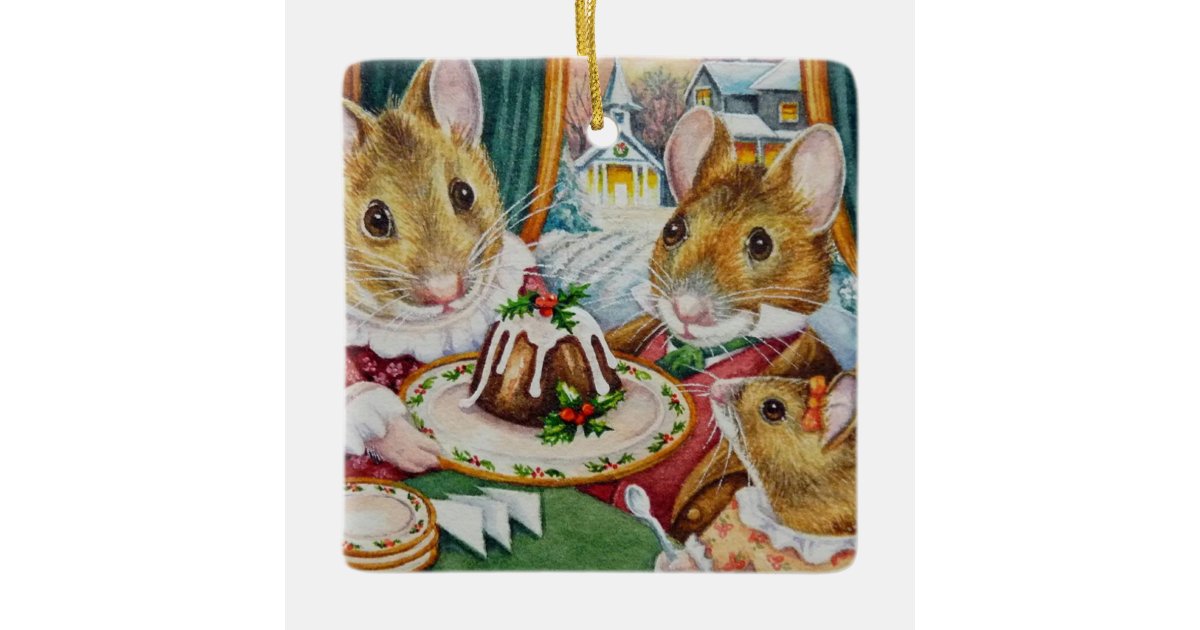 Dickens Christmas Mice Plum Pudding Watercolor Art Ceramic Ornament Zazzle