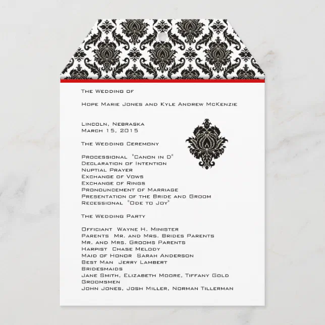 Die Cut Black Damask Red Trim Wedding Program | Zazzle