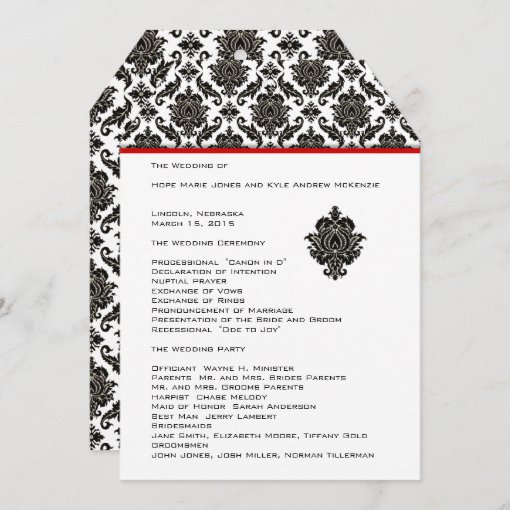 Die Cut Black Damask Red Trim Wedding Program | Zazzle