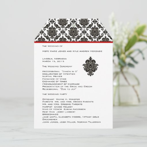 Die Cut Black Damask Red Trim Wedding Program | Zazzle