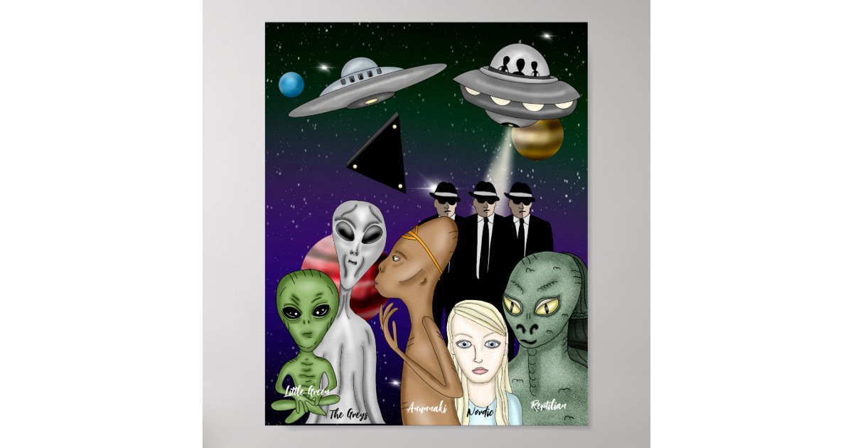 Different Alien Species, UFO, Planets Poster | Zazzle