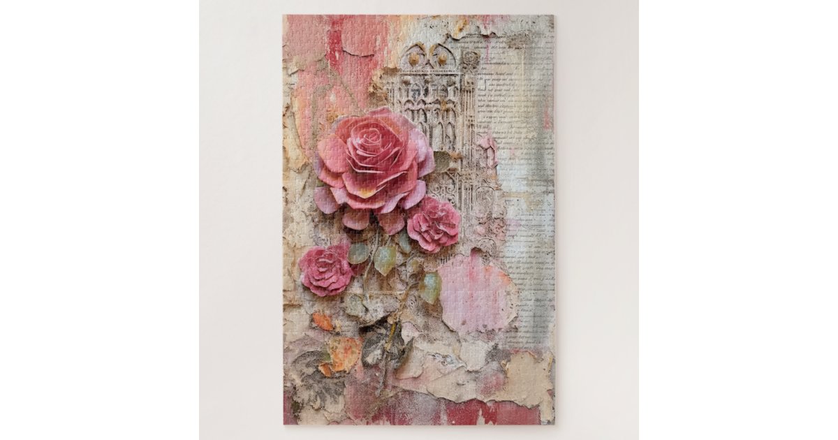 Difficult Pink Floral Grunge Decoupage Inspired Jigsaw Puzzle | Zazzle