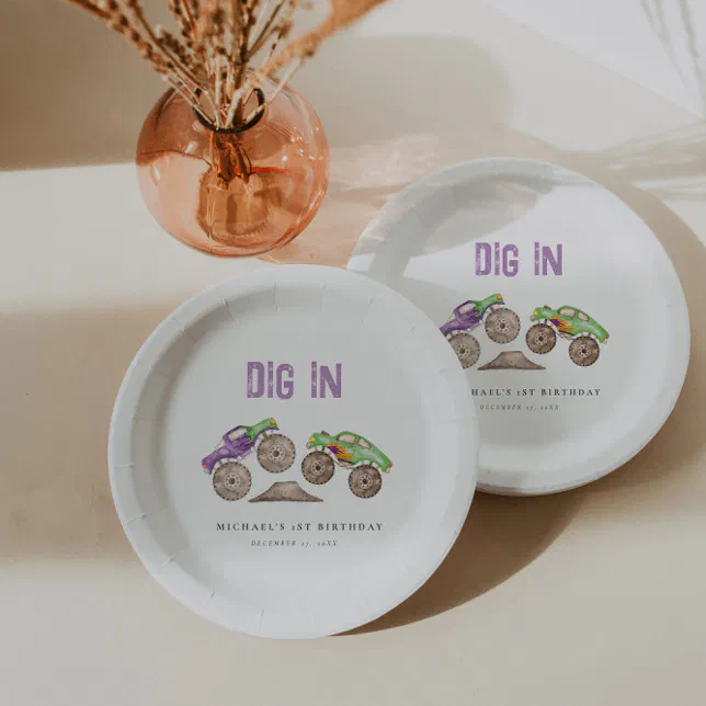 DIG IN Monster Trucks Birthday Paper Plates | Zazzle