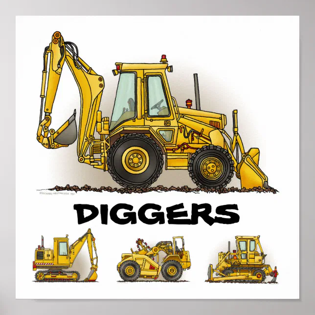 Diggers Backhoe Dozers Construction Poster Print | Zazzle
