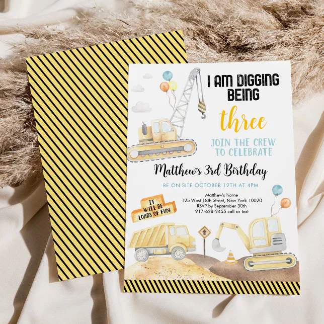 Digging Being Three Construction Birthday Invitation | Zazzle