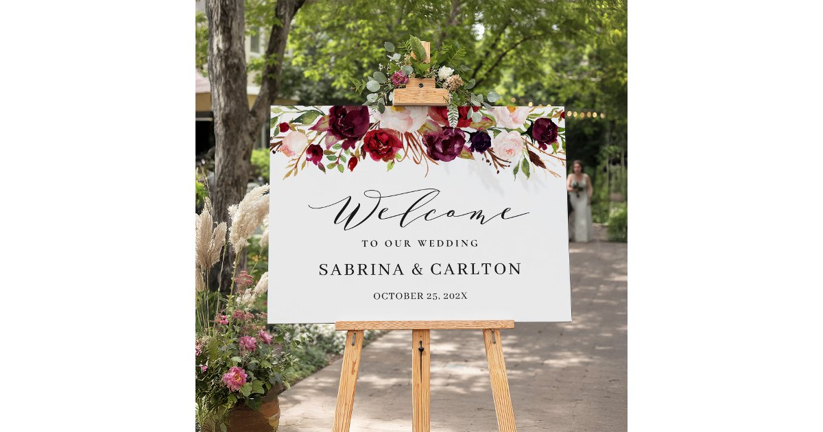 (Digital Avail.) Burgundy Red Floral Wedding Sign | Zazzle