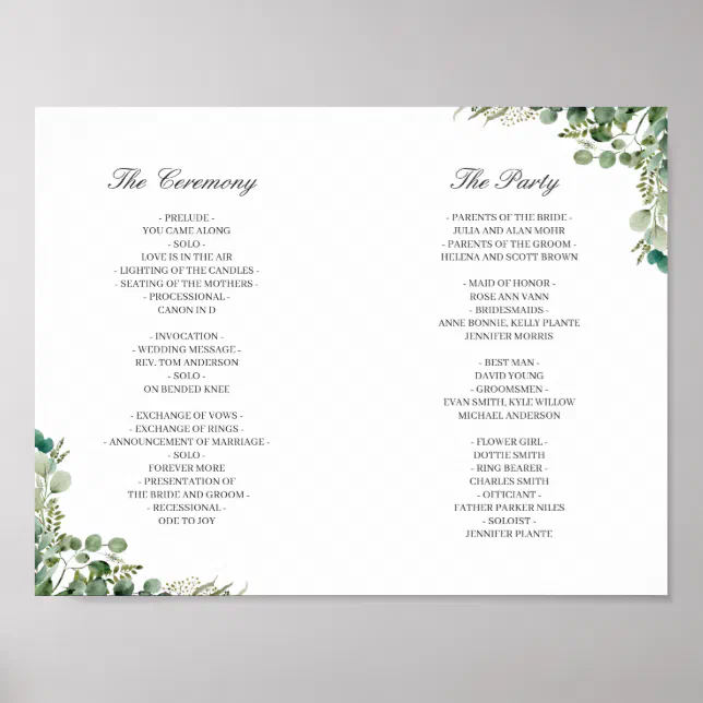 (Digital/Back) Eucalyptus Leaves Wedding Program Poster | Zazzle