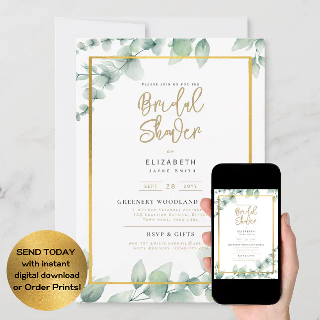 DIGITAL Bridal Shower Invitation Greenery Gold | Zazzle