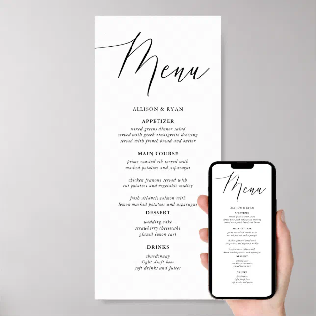 Digital Simple Calligraphy Rustic Wedding Menus Poster | Zazzle