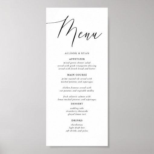 Digital Simple Calligraphy Rustic Wedding Menus Poster | Zazzle