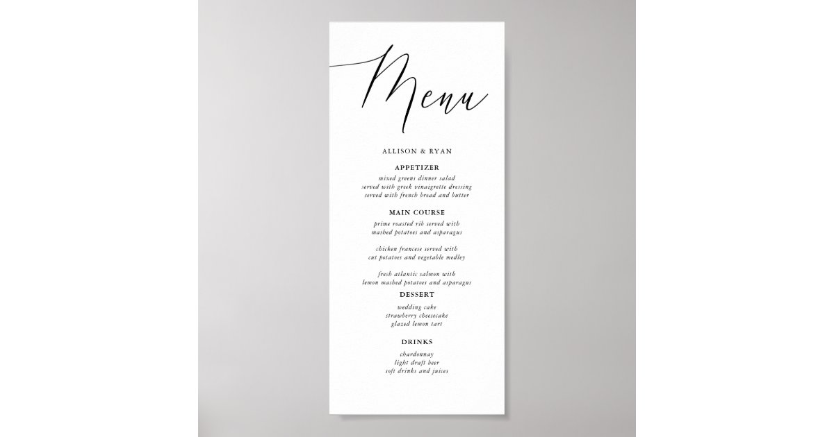 Digital Simple Calligraphy Rustic Wedding Menus Poster | Zazzle