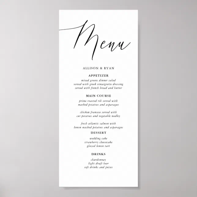 Digital Simple Calligraphy Rustic Wedding Menus Poster | Zazzle