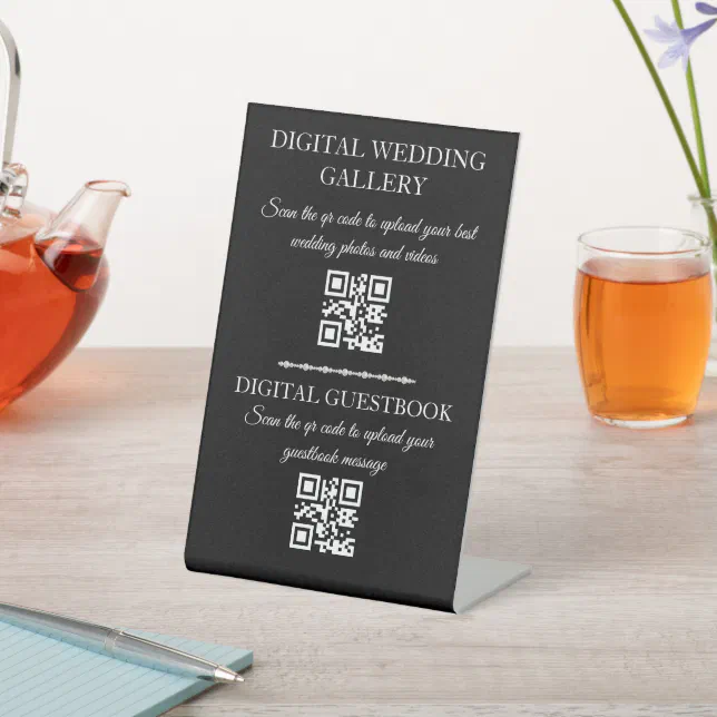 digital wedding gallery & guestbook qr code black pedestal sign | Zazzle
