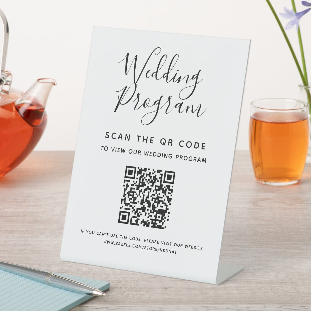Digital Wedding Program Scan QR Code Acrylic Pedestal Sign | Zazzle