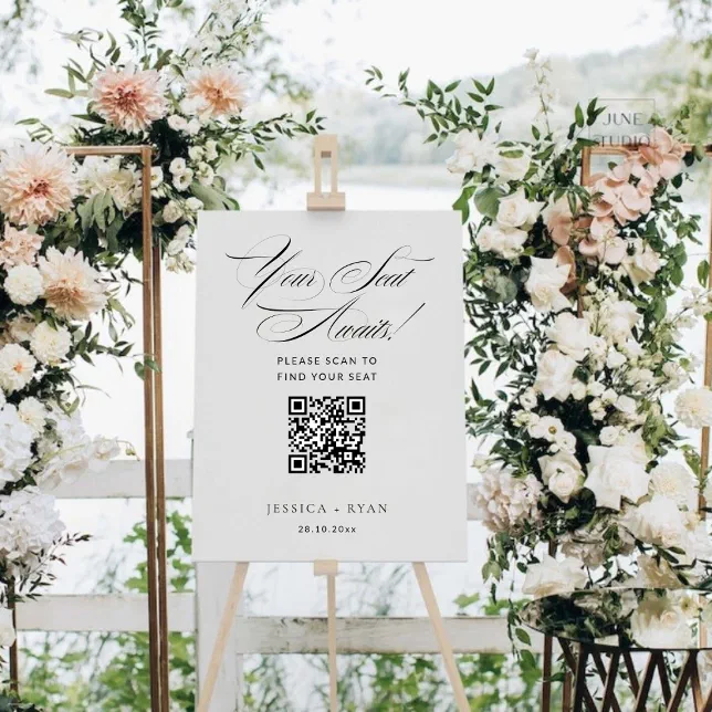 Digital Wedding Script Seating Chart QR Code Sign | Zazzle