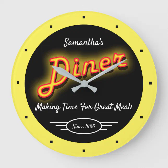 Diner Any Name Since Date Faux Neon Yellow Black Large Clock | Zazzle