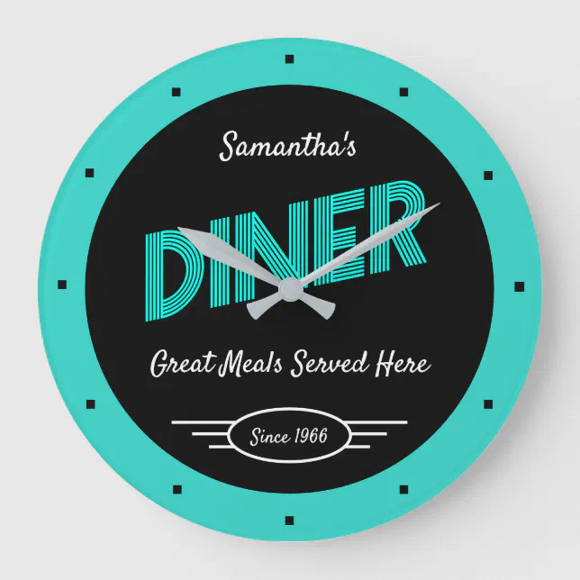 Diner Any Name Since Date Retro Turquoise Black Large Clock | Zazzle