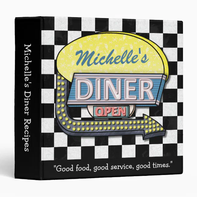Diner Retro 50s Black White Check Recipe Book Name 3 Ring Binder | Zazzle