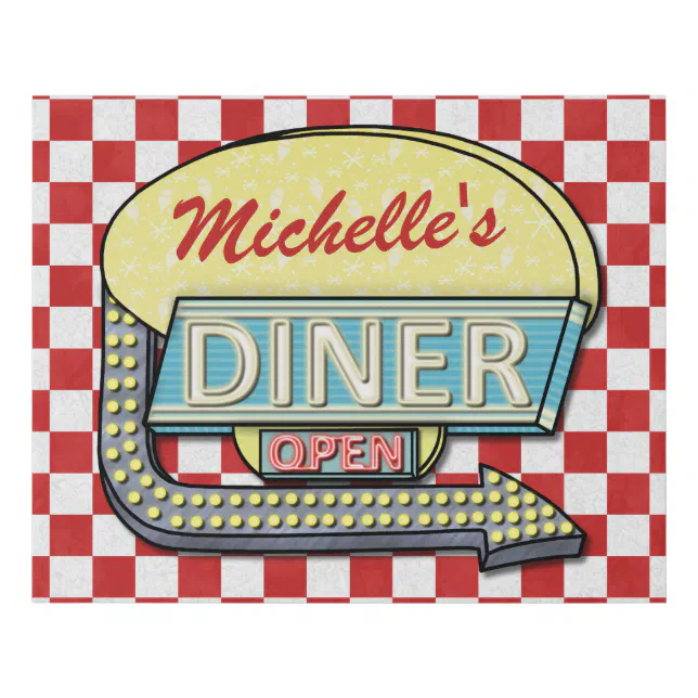 Diner Retro 50s Red Checkered | Custom Name Faux Canvas Print | Zazzle