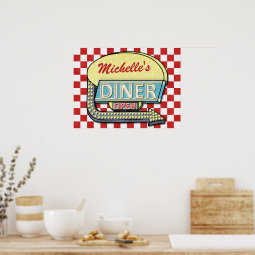 Diner Retro 50s Red Checkered | Custom Name Poster | Zazzle