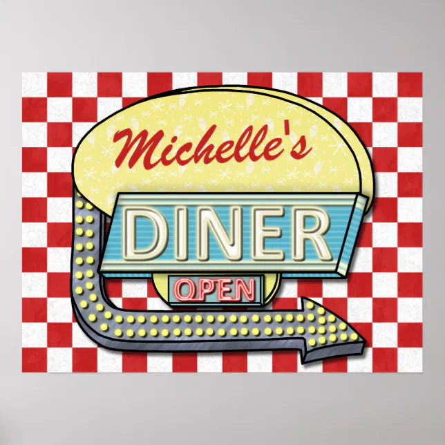 Diner Retro 50s Red Checkered | Custom Name Poster | Zazzle