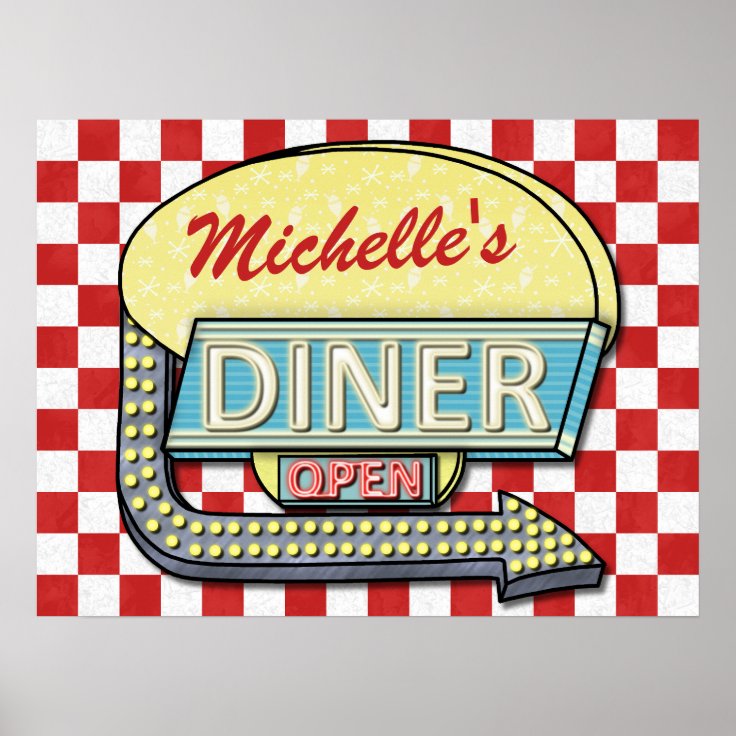 Diner Retro 50s Red Checkered | Custom Name Poster | Zazzle